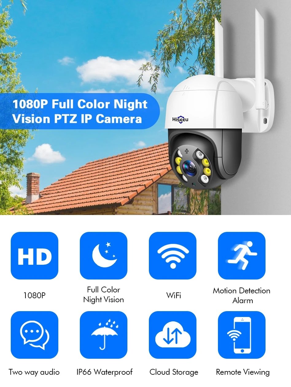 Hiseeu 1080P 2MP Външна Безжична WiFi PTZ IP Камера Двупосочна Аудио ...