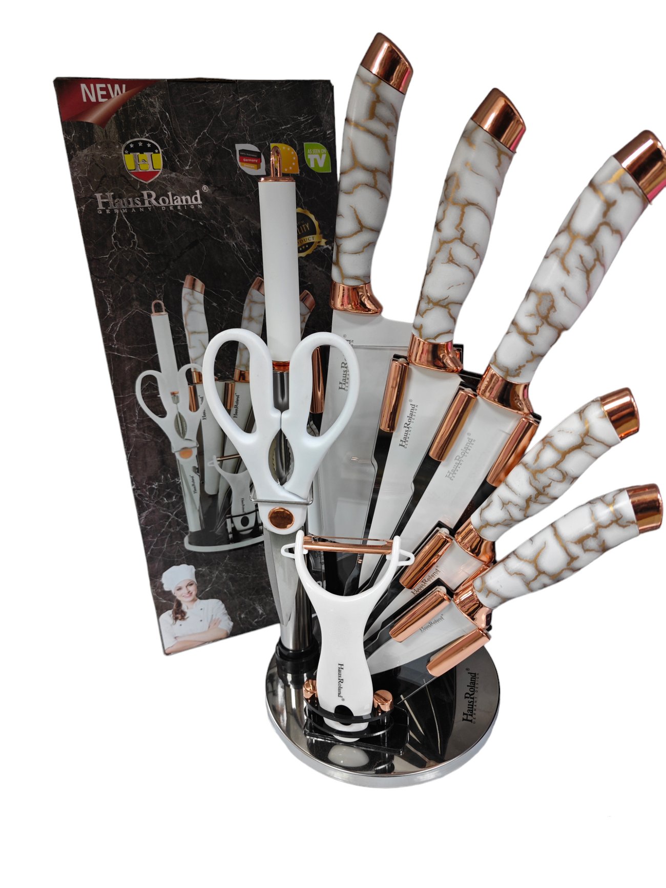 Комплект стоманени ножове на стойка Haus Roland , 8 части, Въртяща се ...