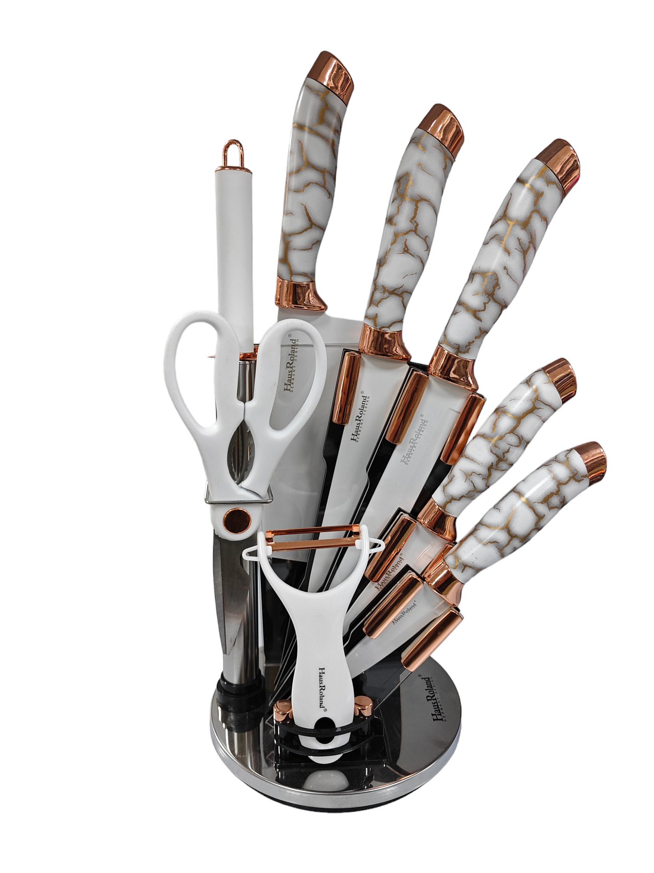 Комплект стоманени ножове на стойка Haus Roland , 8 части, Въртяща се ...